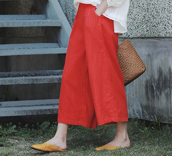 100% Pure Linen Long Pants Red Wide Leg Pants Linen Skirt - Etsy