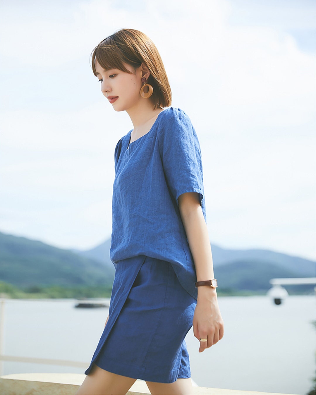 Hauts en lin pour femmes Chemisiers en lin Chemise à manches courtes ...