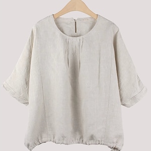 Women's Pure Linen Tops Summer Lounge Round Neck Top Relaxed Fitting ...