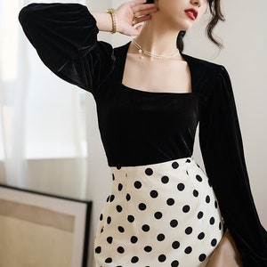 Women Velvet Top, Long Sleeves Top, Square Collar Top, Velvet Tunic ...