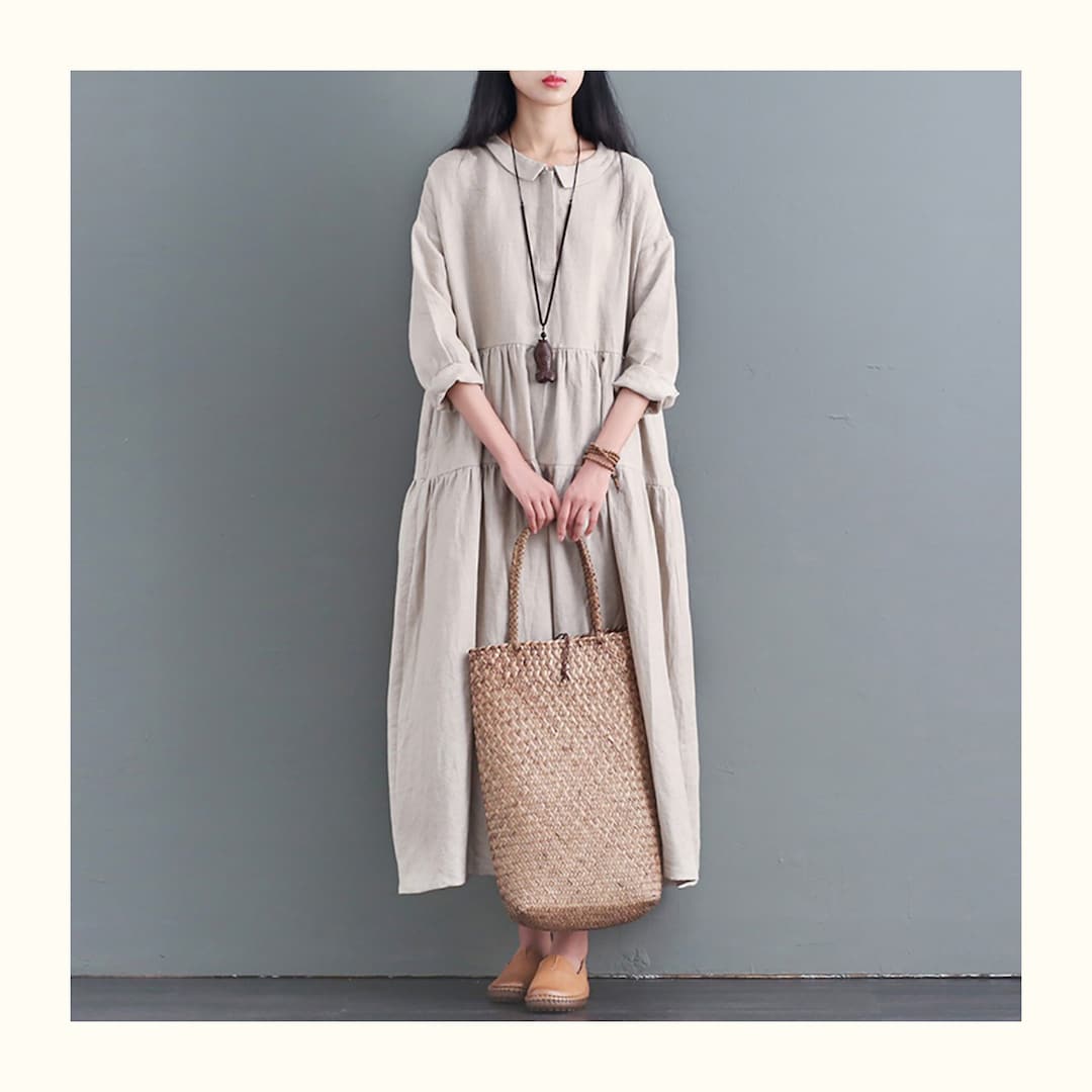 Cotton Linen Dresses for Women Long Sleeves Linen Dress Oversized Maxi ...