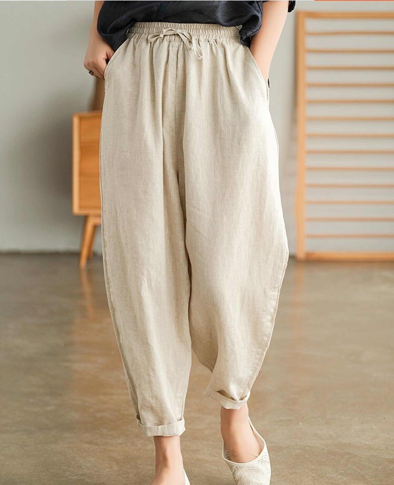100% Leinen Hose, lange Hose, Hose mit weitem Bein, Haremshose in ...