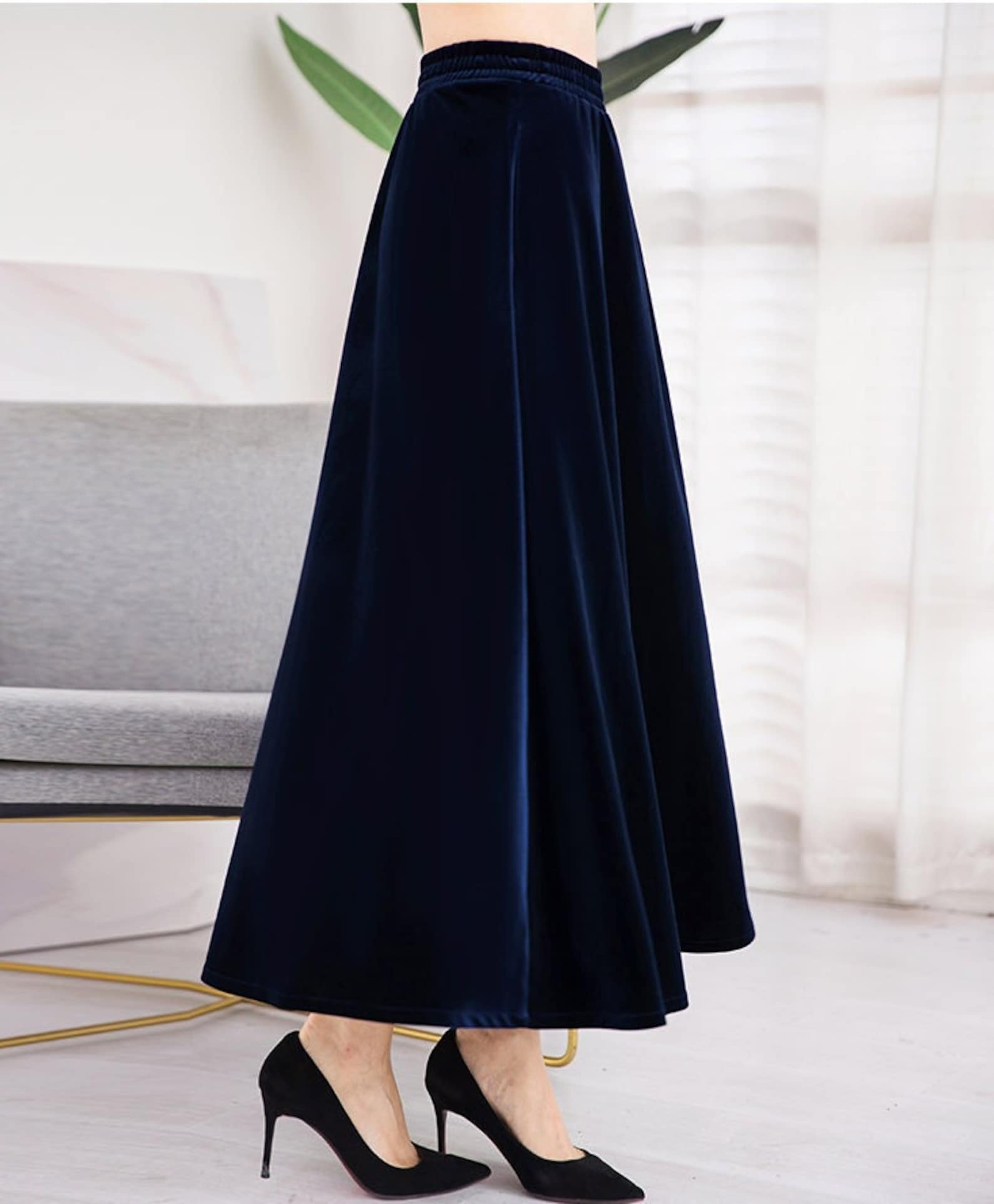 Women Velvet Skirt Maxi Skirt Vintage Skirt A Line Elastic Etsy