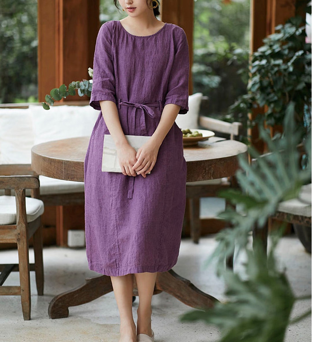 Women Linen Dresses Short Sleeve Midi Dress Plus Size Dress Linen ...