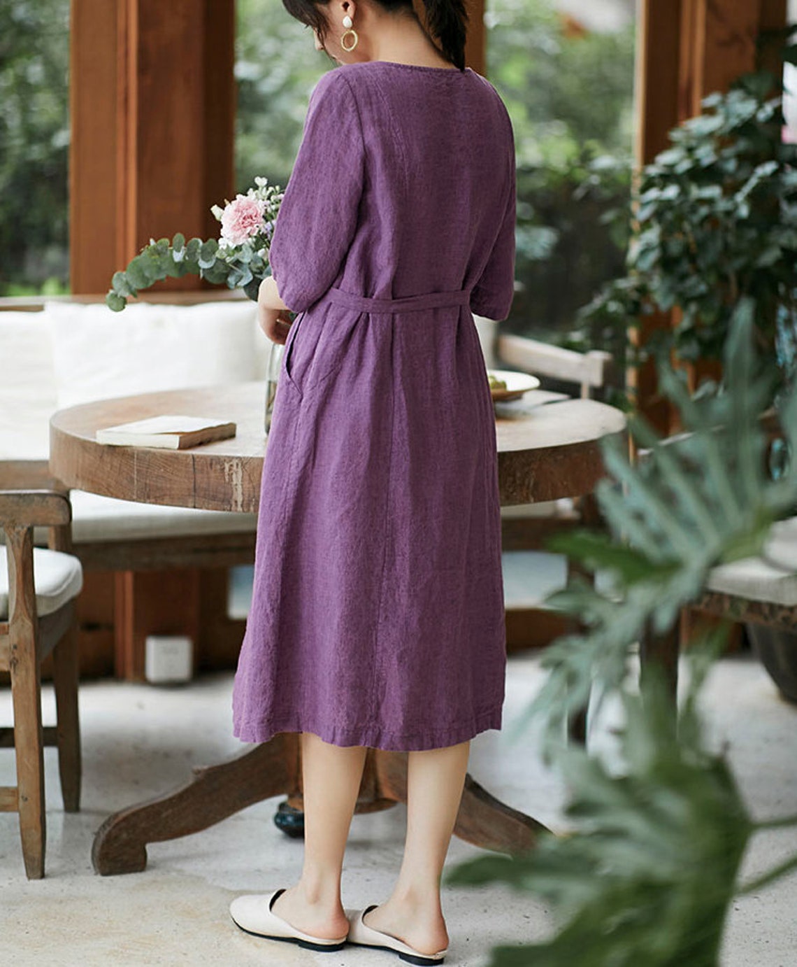 Women linen Dresses short sleeve Midi dress Plus size dress | Etsy