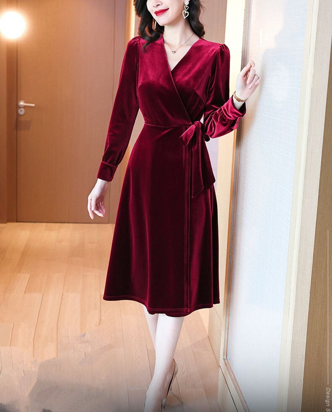 Velvet Dress for Women, Autumn Winter V-neck Wrap Dress, Long Sleeves ...