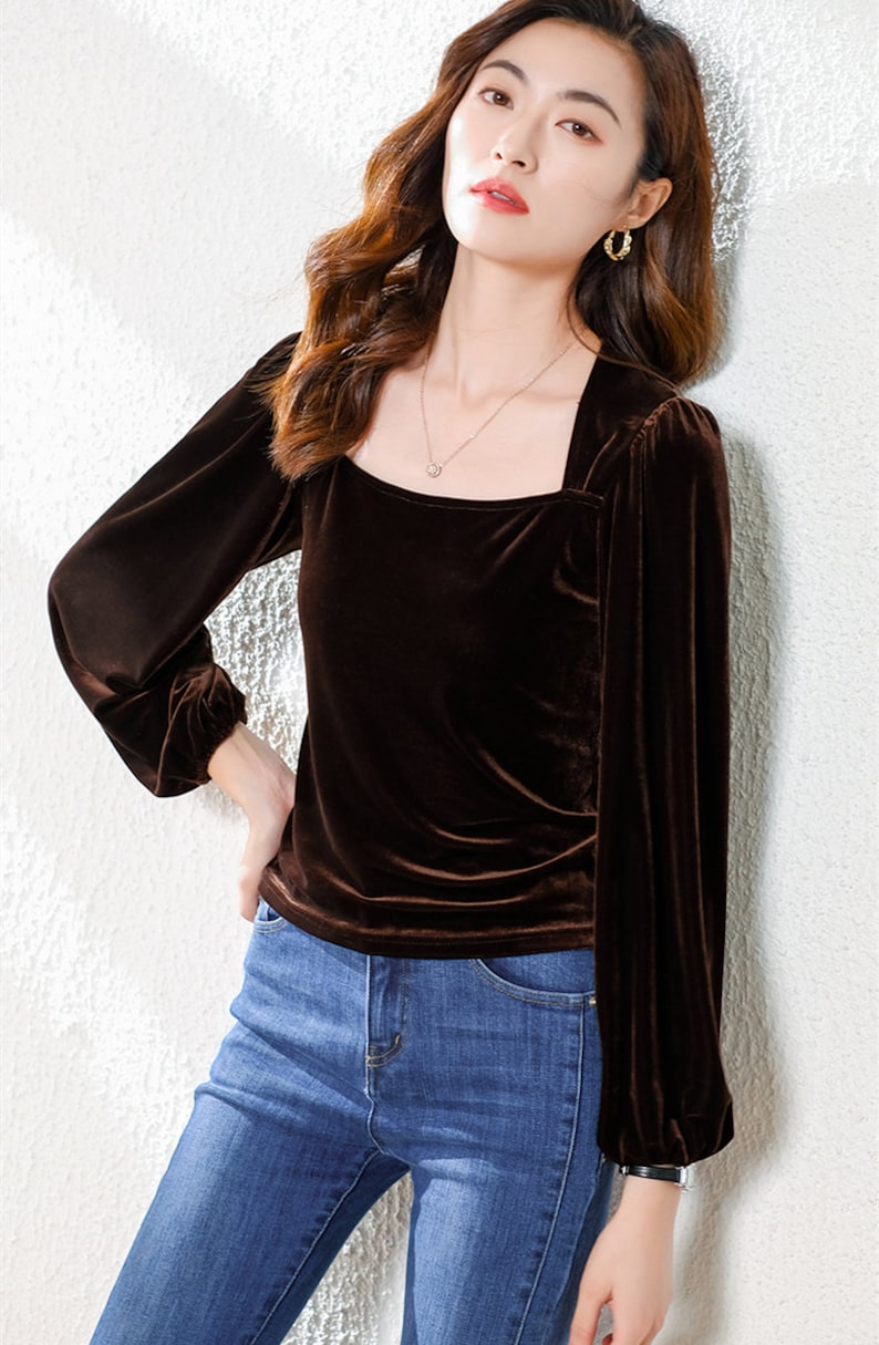 Velvet Tops Women Long Sleeves Top Square Collar Top Tunic Top Casual ...