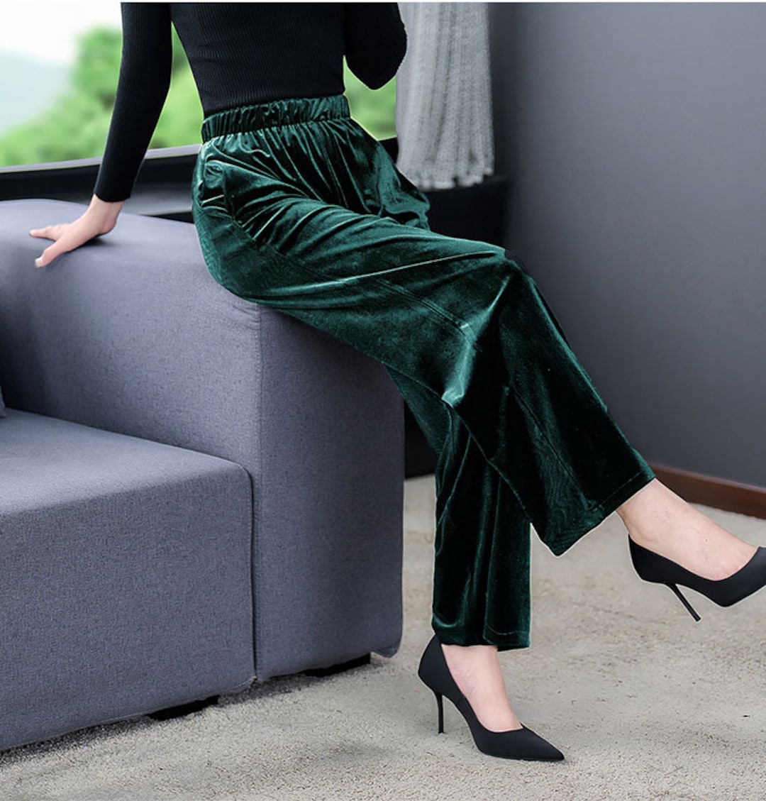 Velvet Pants Women's Green Straight Leg Trousers Plus Size Wide Leg ...