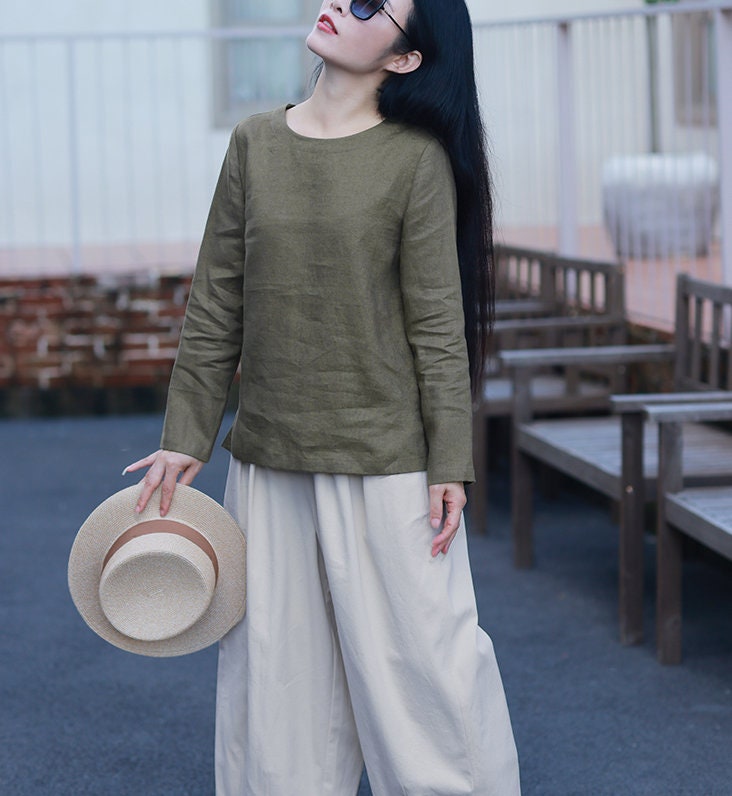 Women's Linen Tops 100% Linen Long Sleeves Tops Loose | Etsy