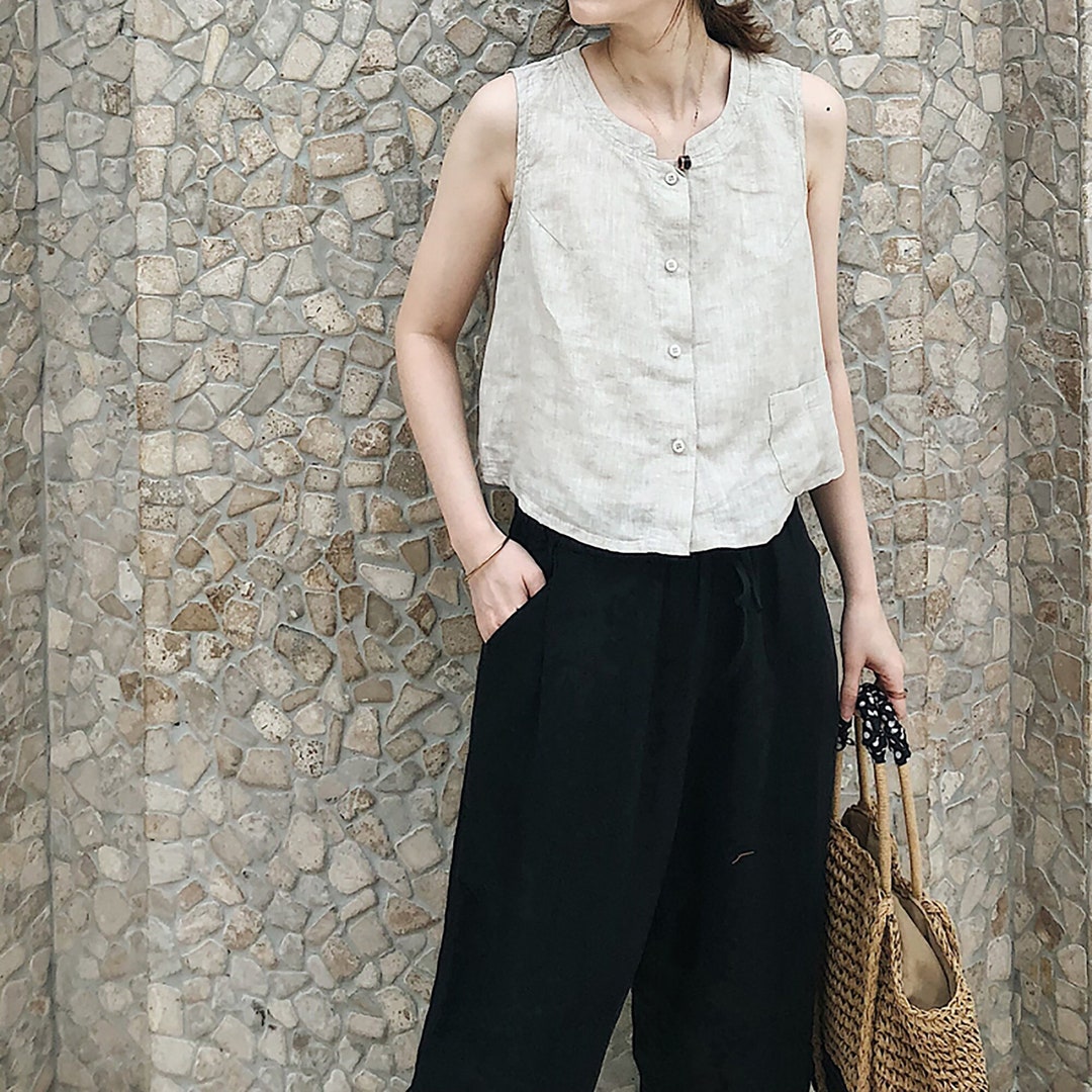 Women's Linen Tank Top Sleeveless Vest Loose Linen Blouse Casual Tops ...