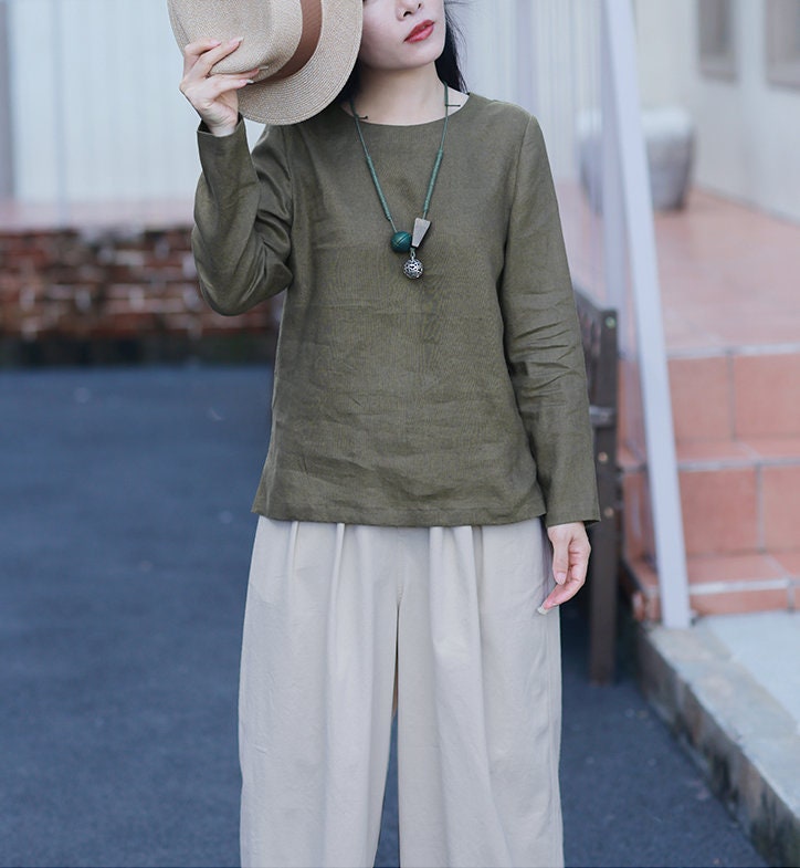Women's Linen Tops 100% Linen Long Sleeves Tops Loose - Etsy