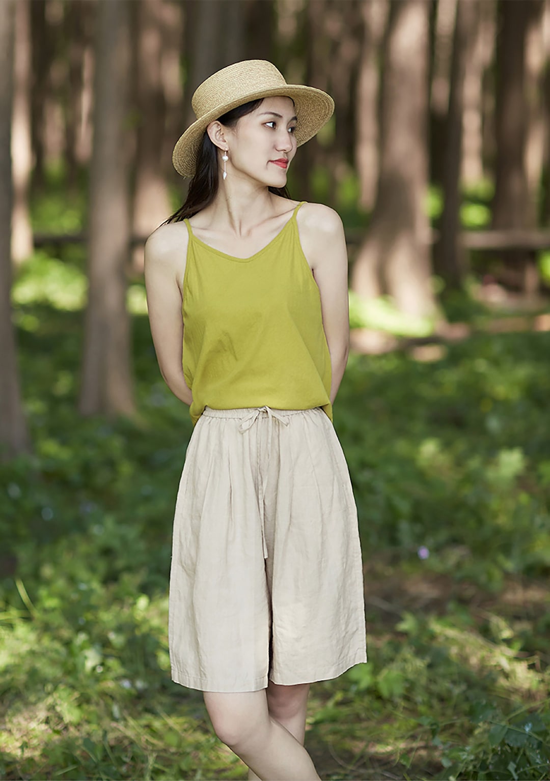 100% Linen Shorts for Women Loose Casual Wide Leg Shorts Summer Beach ...