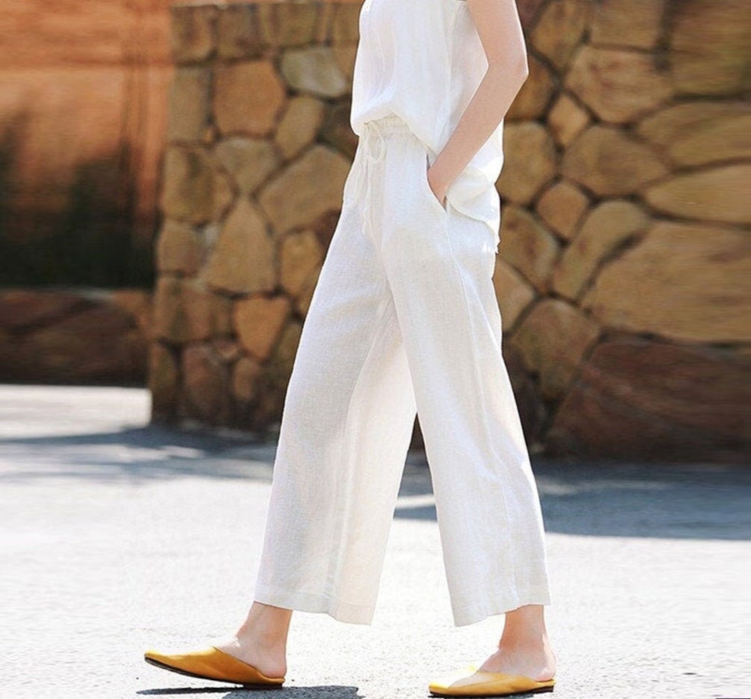 100% Linen Pants Women Maxi Pants Wide Leg Pants Loose Casual Long ...