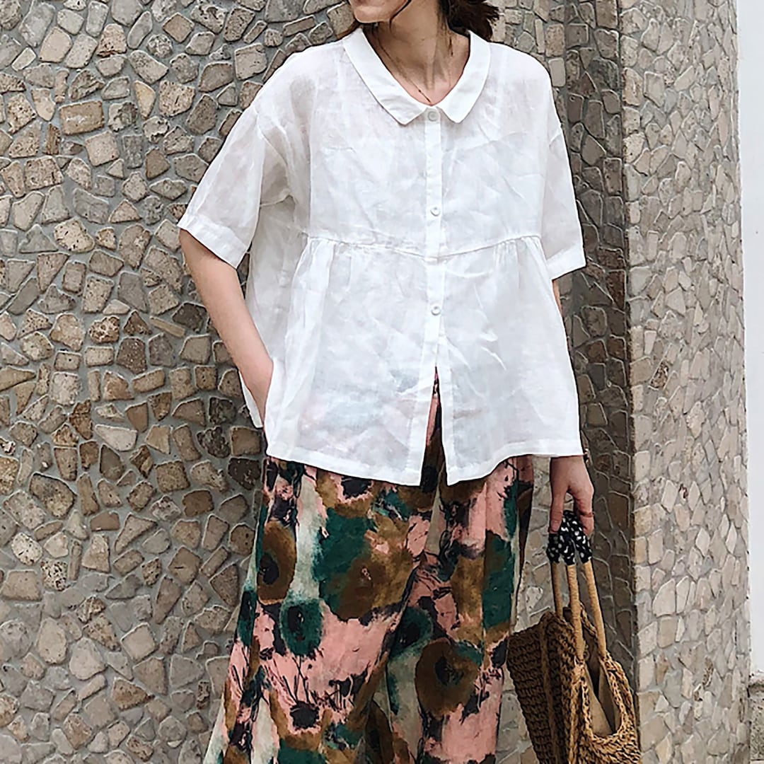 Women's 100% Linen Tops Half Sleeves Linen Shirt Loose Linen Blouse ...