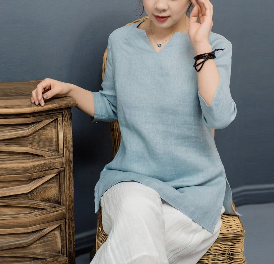 100% Linen Tops Linen 3/4 Sleeves Tops Loose Summer Linen Blouses ...