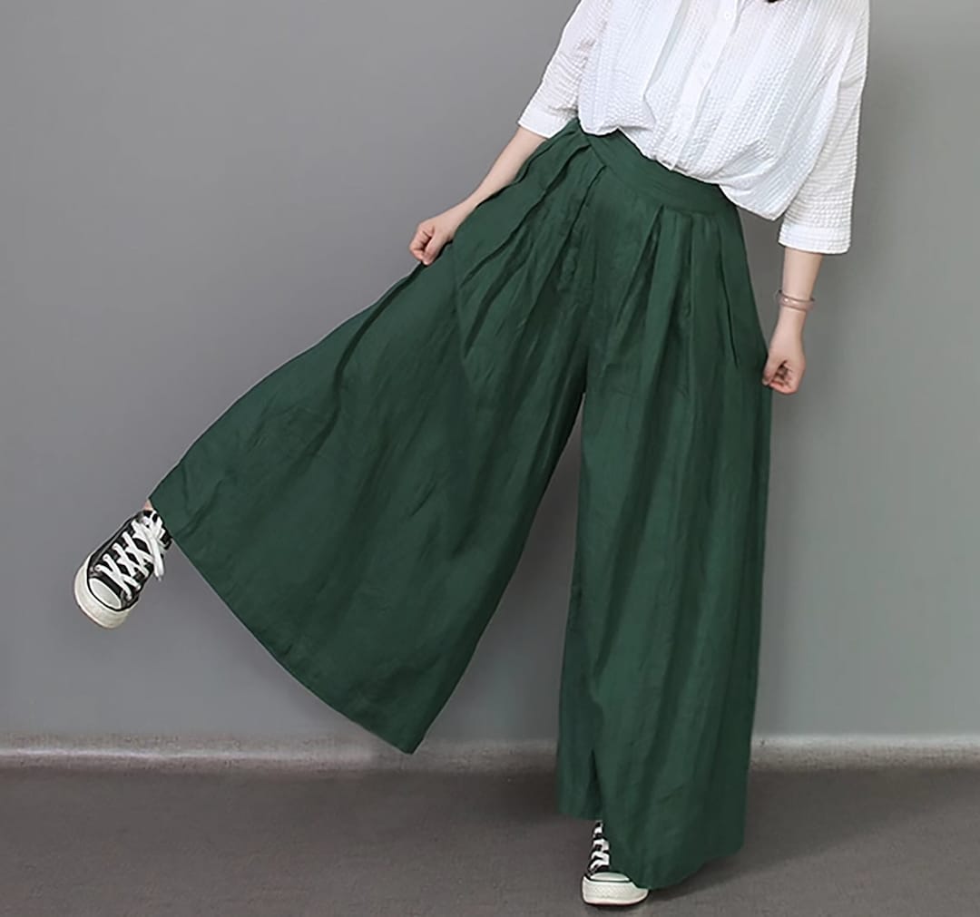 Women's Pure Linen Wide Leg Pants Linen Long Trousers Plus Size High ...