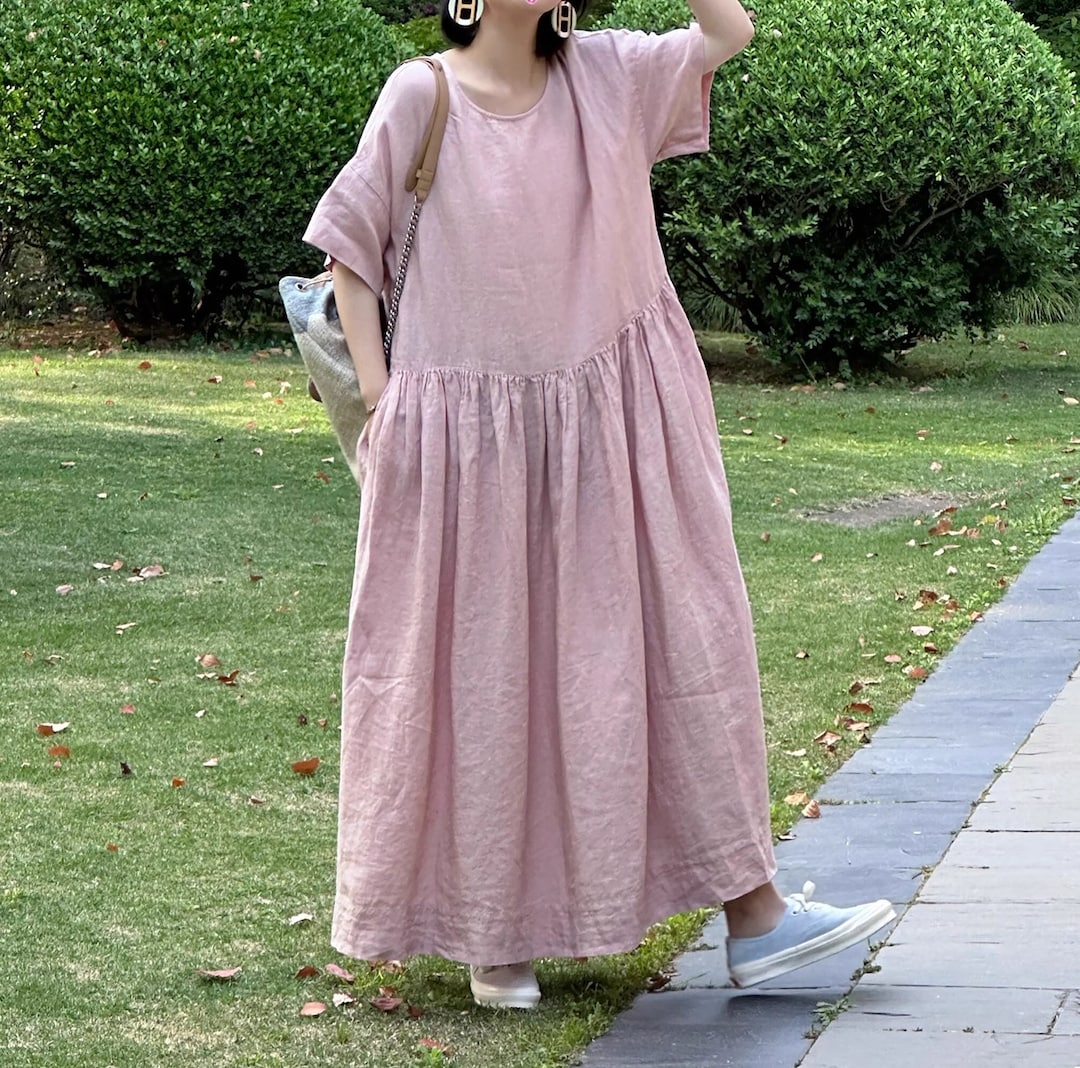 Cotton Linen Maxi Dress Short Sleeves Vintage Style Dress Basic Flax ...