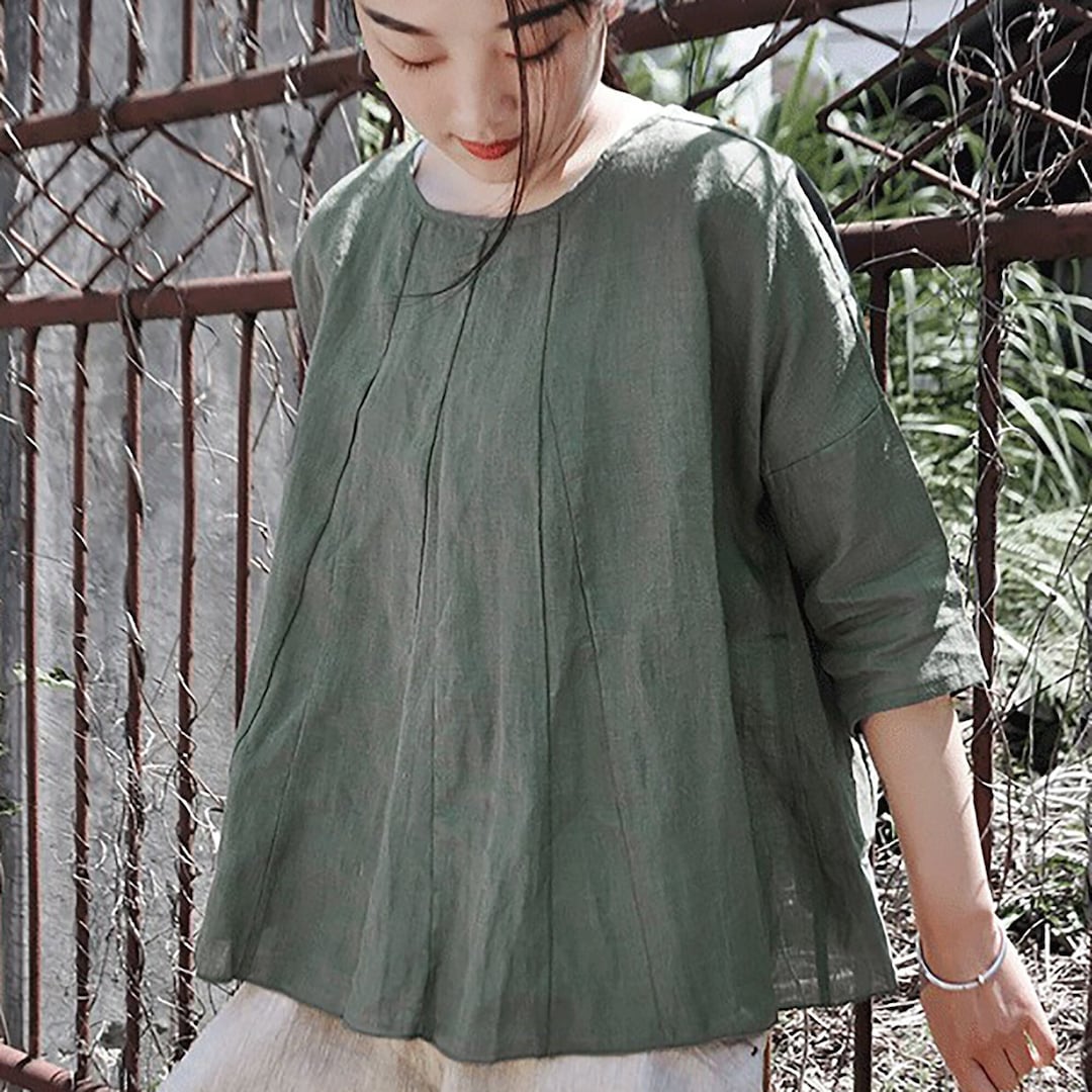 Women's Linen Tops Casual Linen Shirts Loose Half Sleeves Tops Spring ...