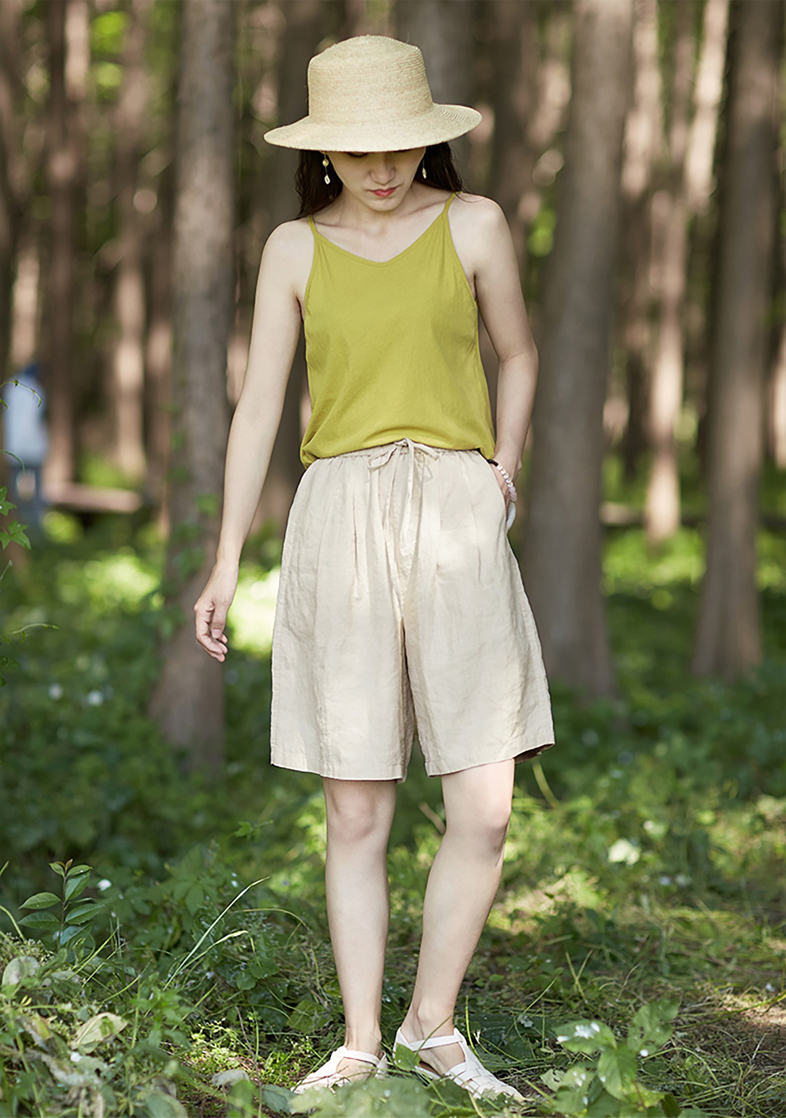 100% Linen Shorts for Women Loose Casual Wide Leg Shorts Summer Beach ...