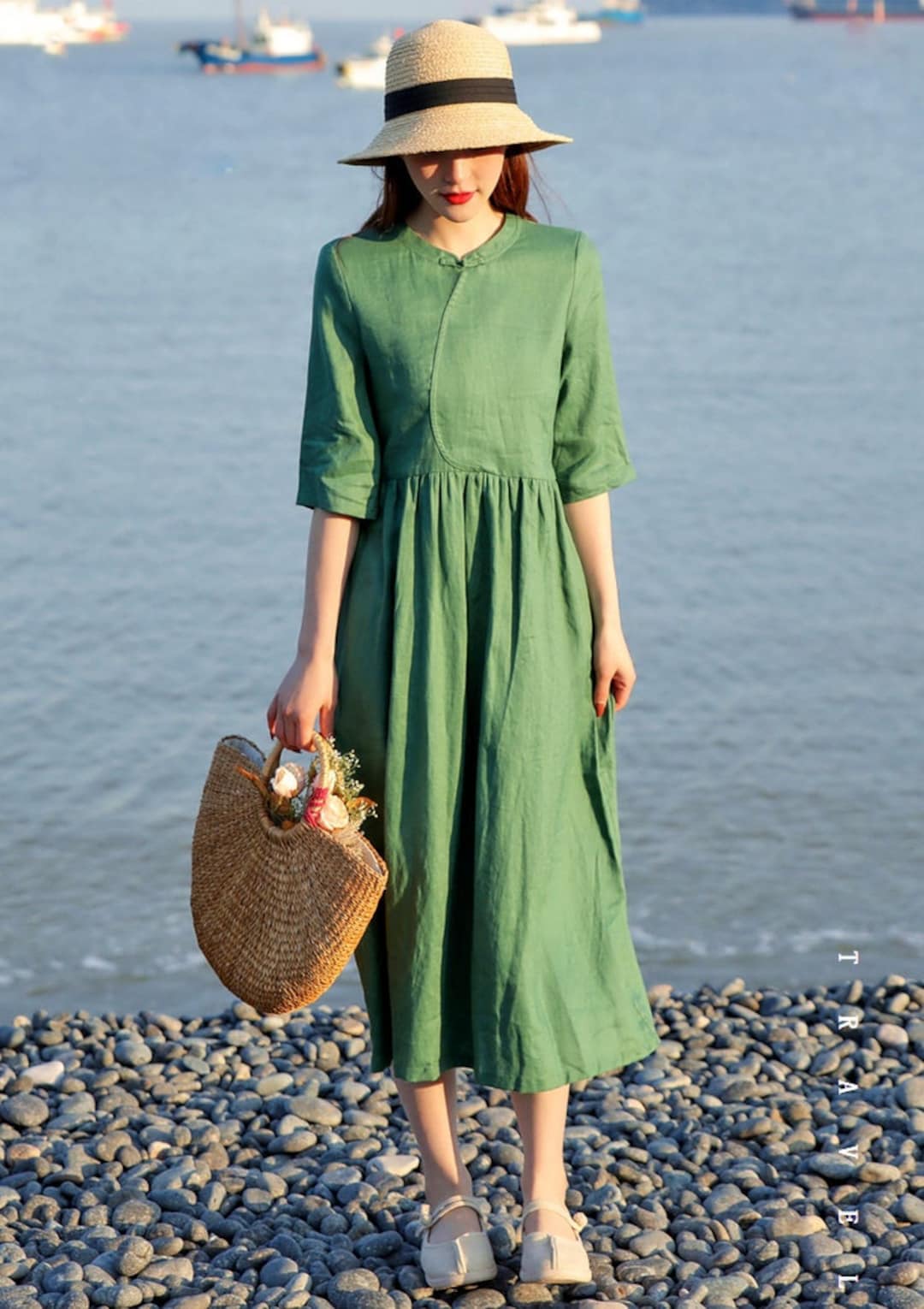 Women Linen Dress, Linen Midi Dress With Belt, Loose Tunic Dress, Plus ...