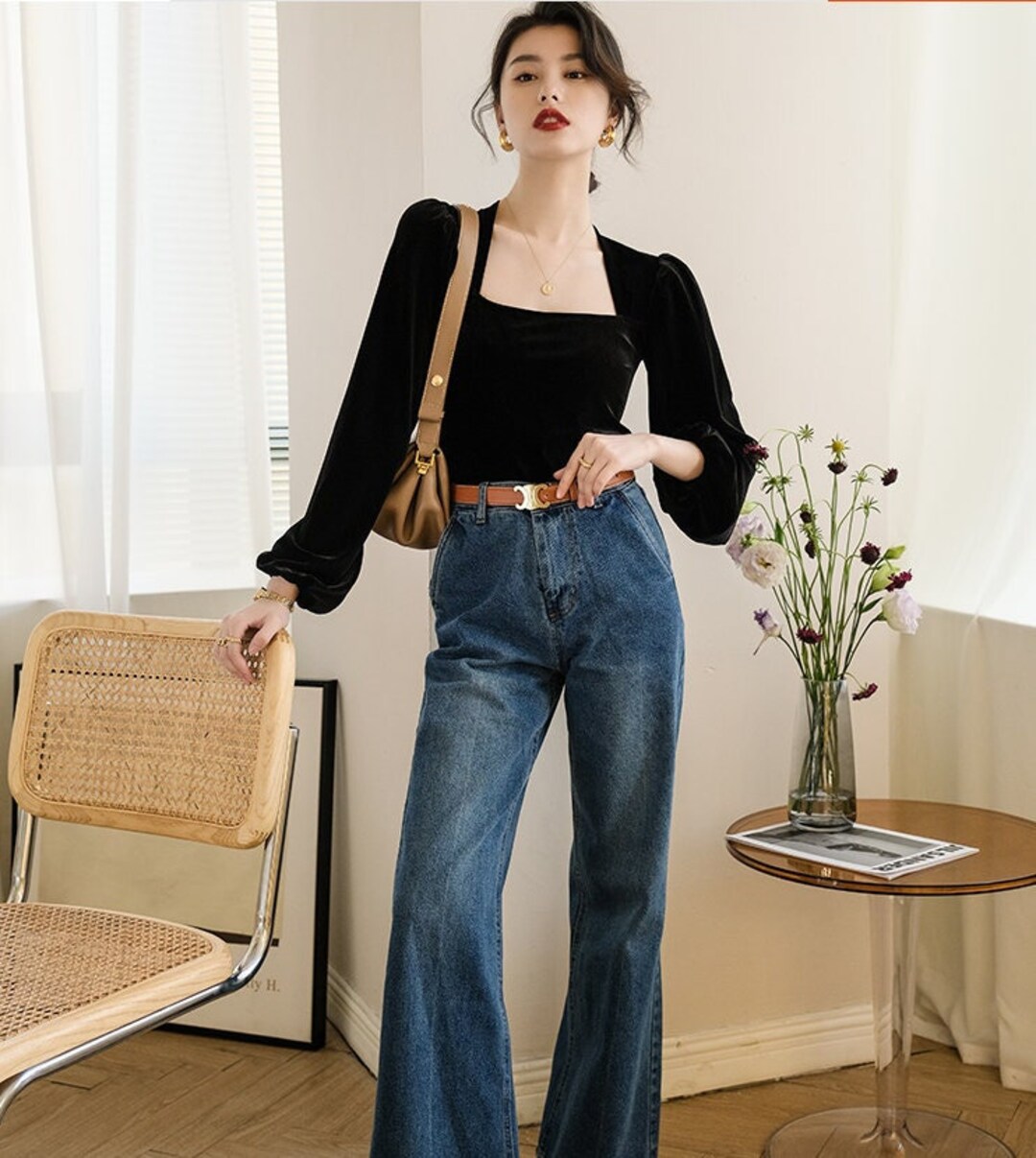 Women Velvet Top, Long Sleeves Top, Square Collar Top, Velvet Tunic ...