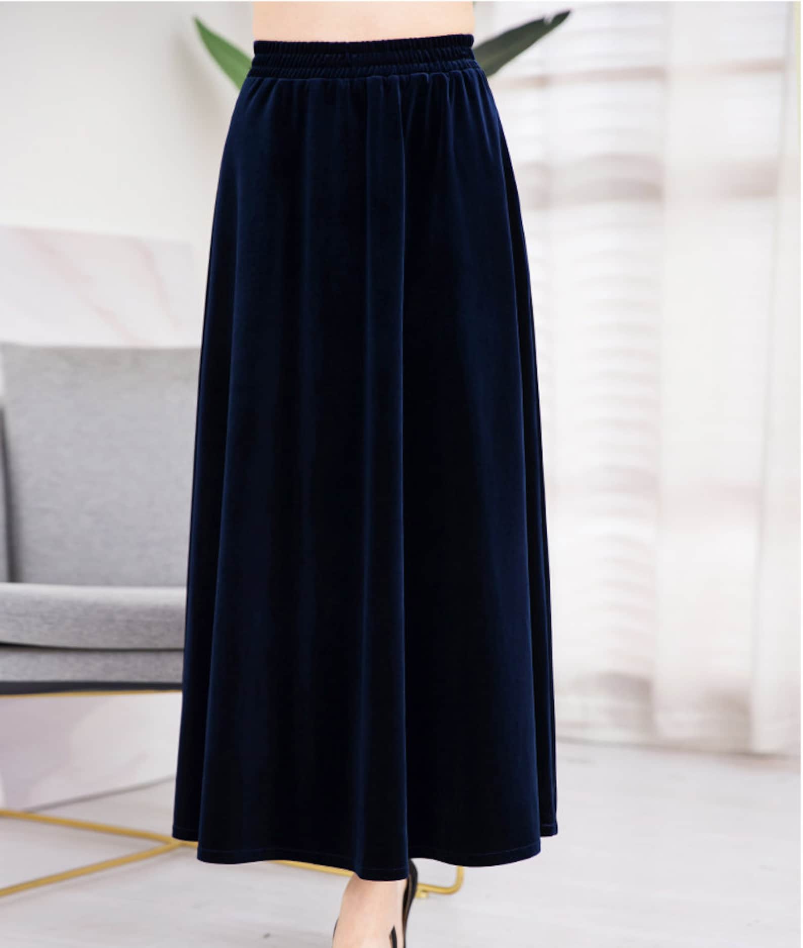Women Velvet Skirt, Maxi Skirt, Vintage Skirt, A-line Elastic Waist ...