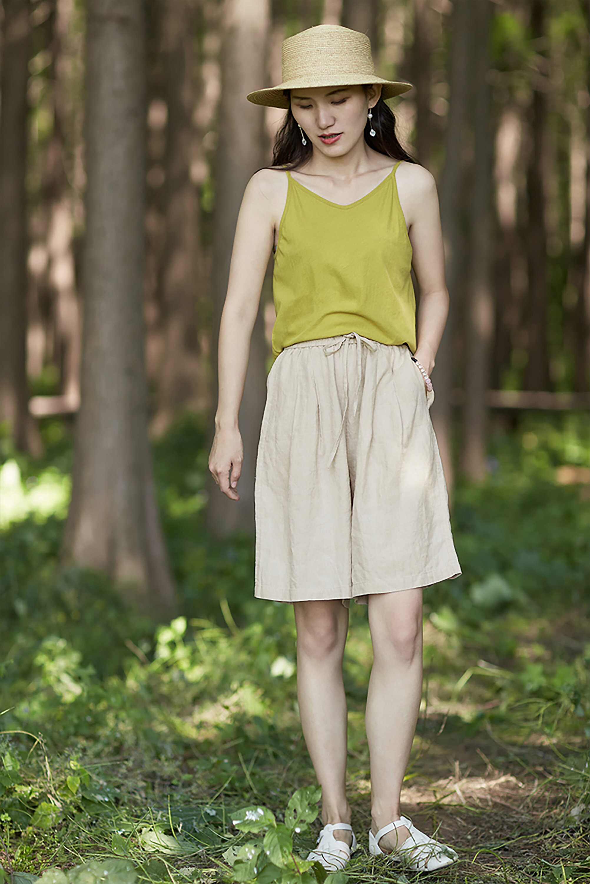 100% Linen Shorts for Women Loose Casual Wide Leg Shorts Summer Beach ...