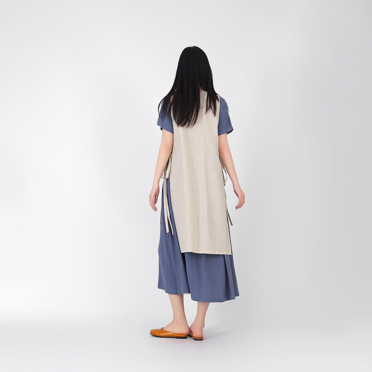 Women's Pure Linen Apron Side Tie Apron Dress With Pockets Pinafore ...