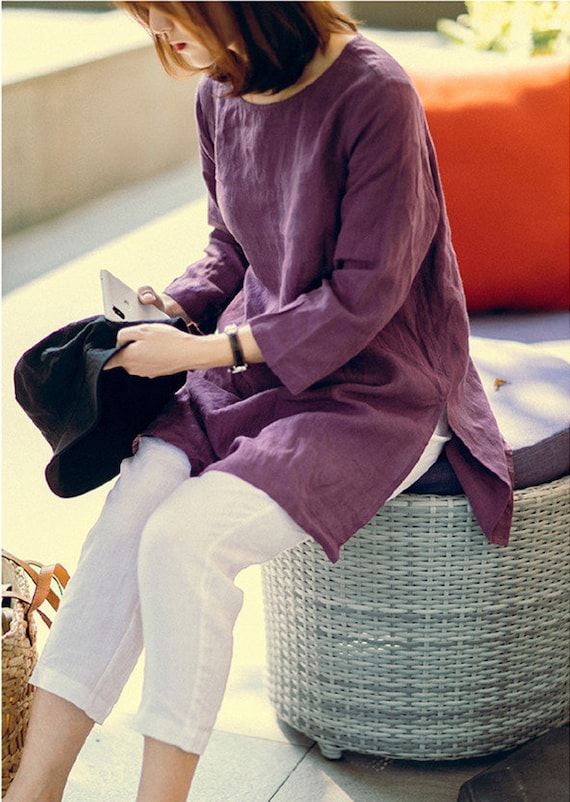 Women's 100% Linen Top Long Sleeves Tunic Tops Loose Linen - Etsy