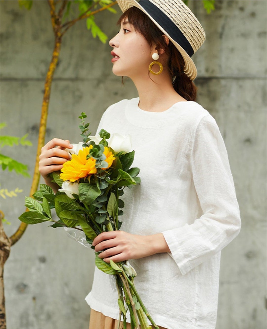 Haut en lin pour femme blanc manches 3/4 hauts ample tunique en lin ...