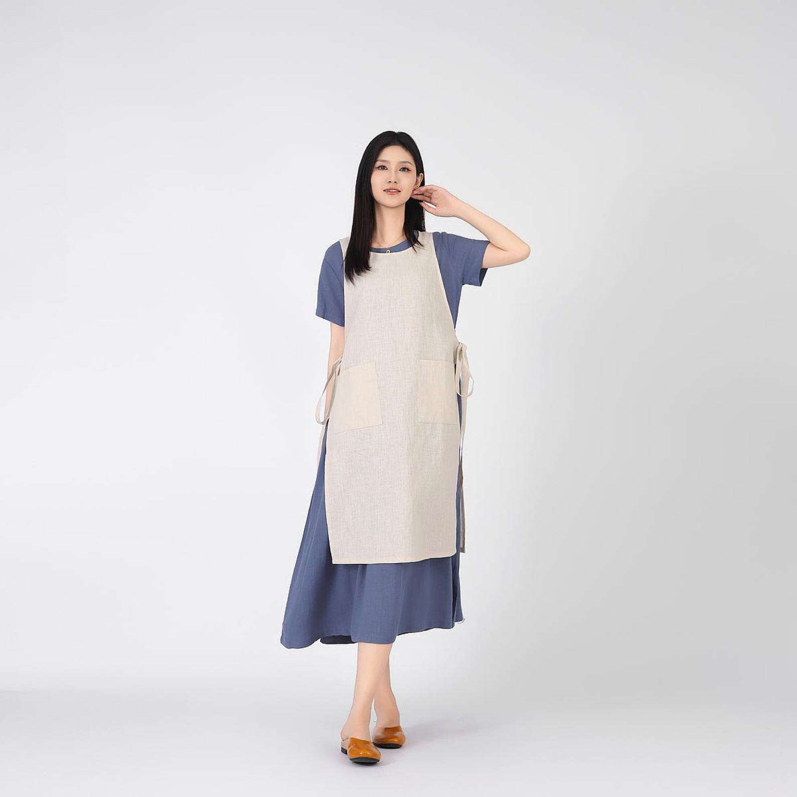 Women's Pure Linen Apron Side Tie Apron Dress With Pockets Pinafore ...
