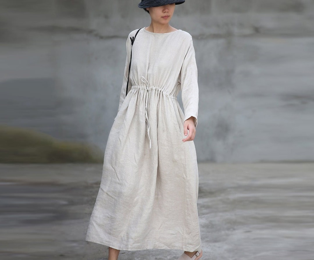 Women's Linen Maxi Dress Long Sleeves Dress Fall Spring Long Dress Pure ...