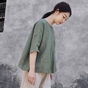 Women's Linen Tops Casual Linen Shirts Loose Half Sleeves Tops Spring ...