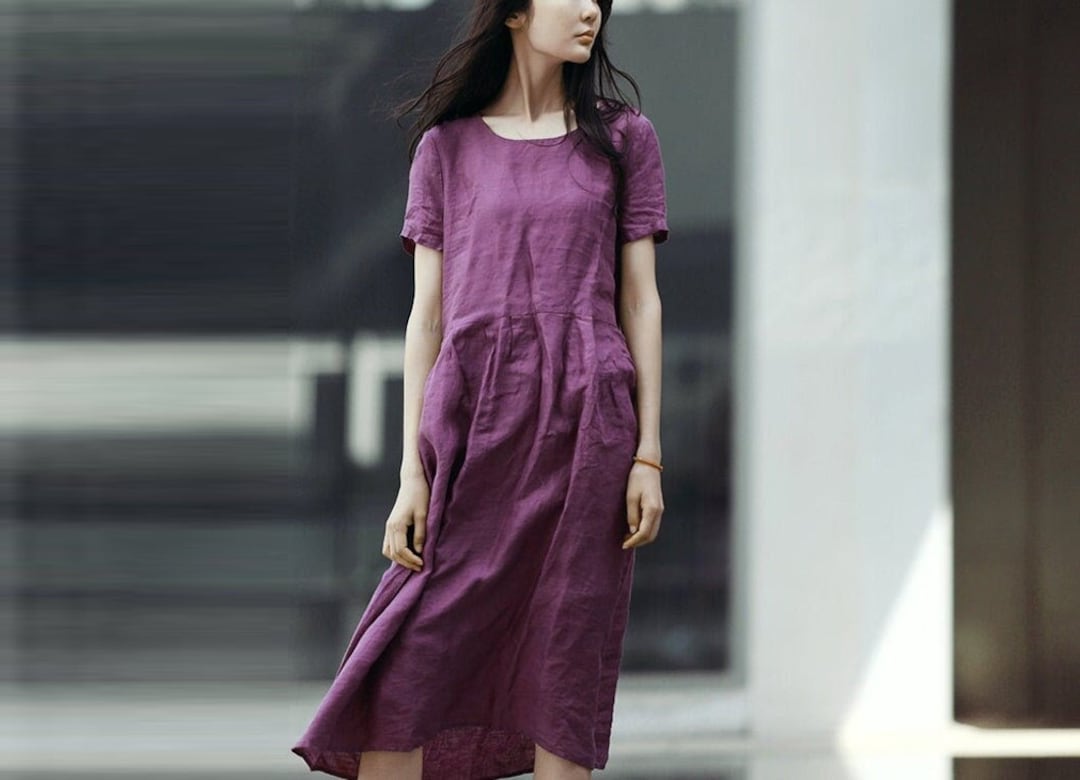 Women Linen Dresses Short Sleeve Midi Dress 100% Linen Long Dress Soft ...