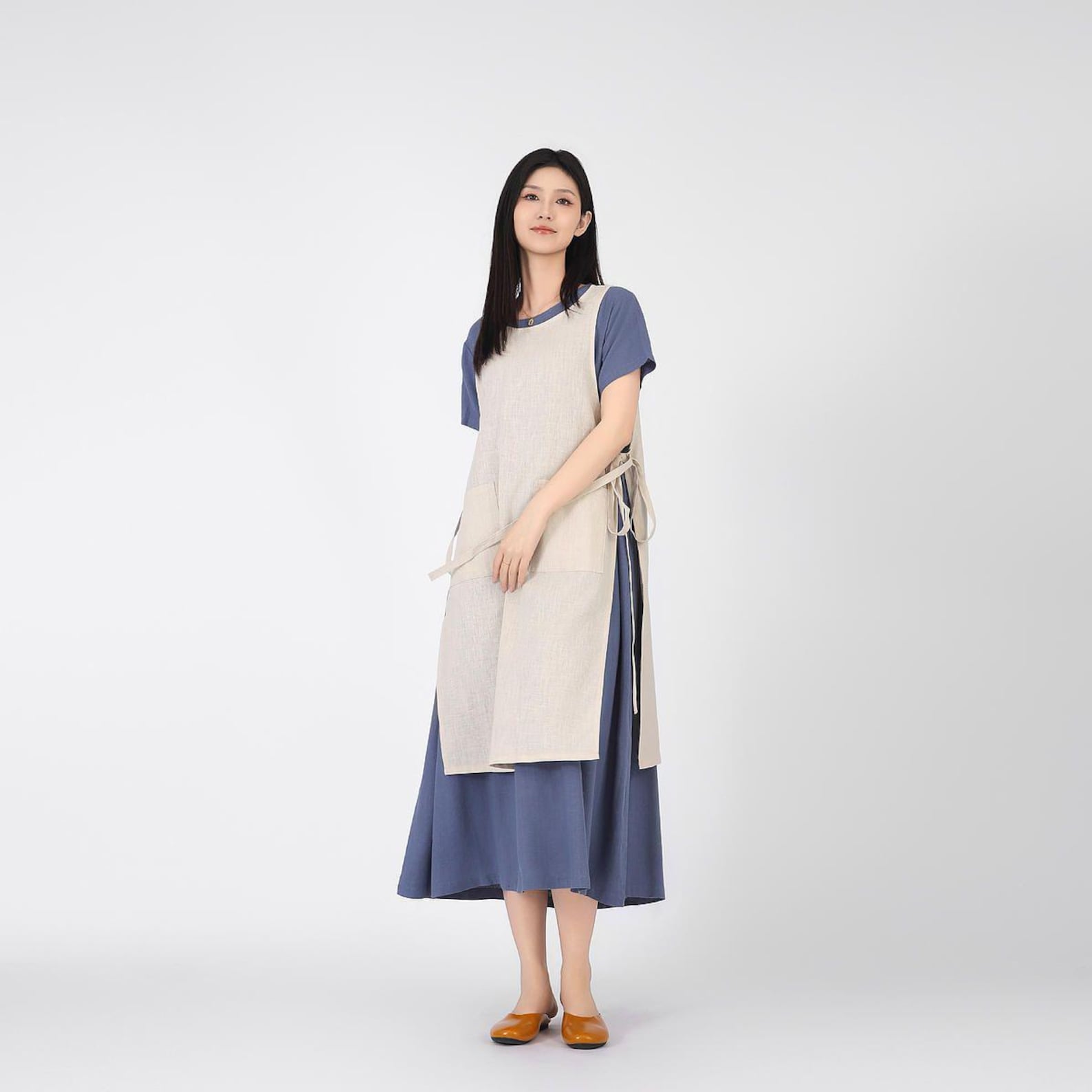 Women's Pure Linen Apron Side Tie Apron Dress With Pockets Pinafore ...