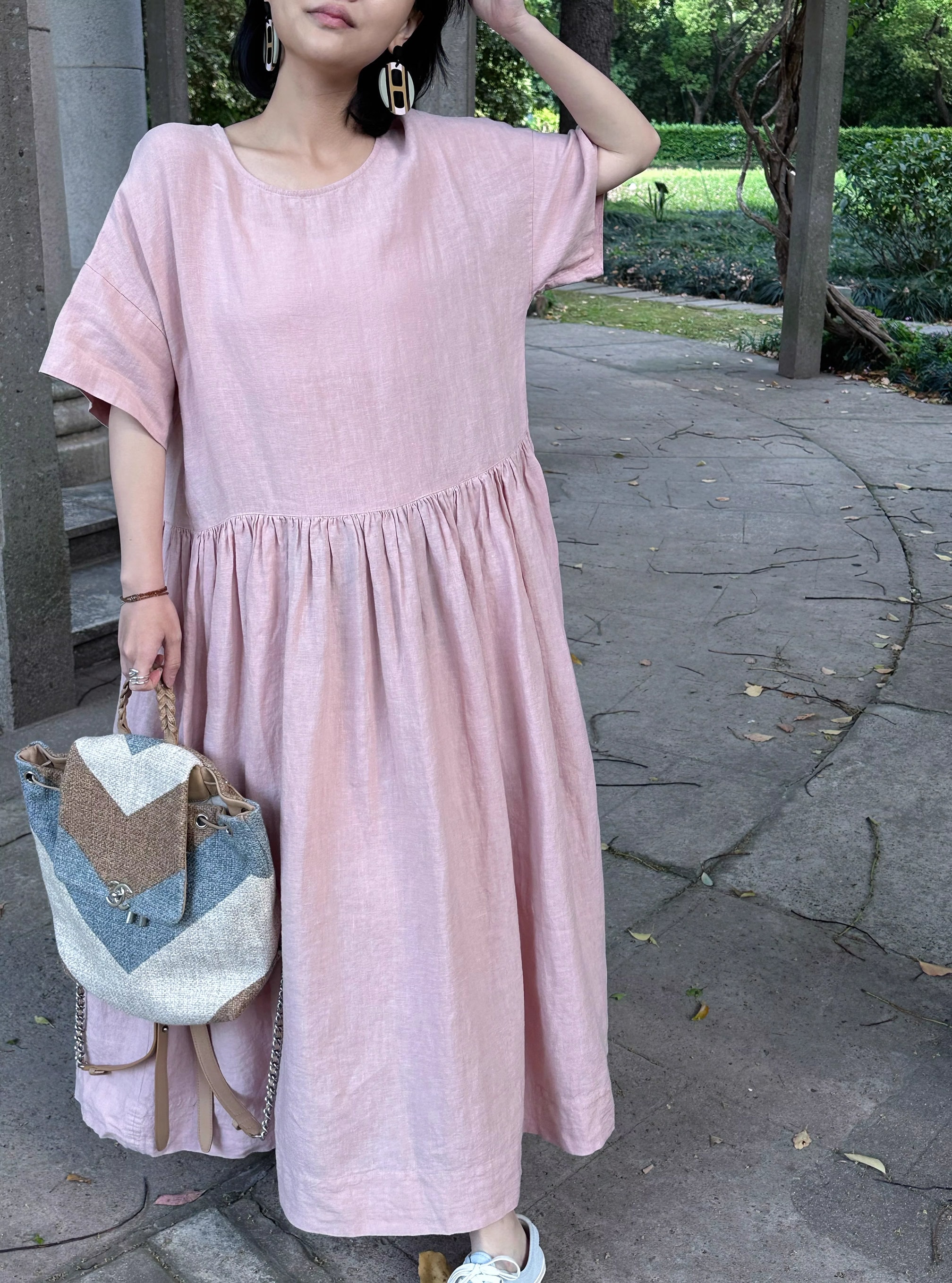 Cotton Linen Maxi Dress Short Sleeves Vintage Style Dress Basic Flax ...