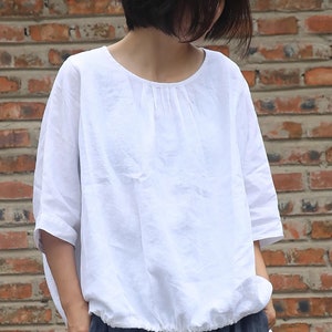 Women's Pure Linen Tops Summer Lounge Round Neck Top Relaxed Fitting ...
