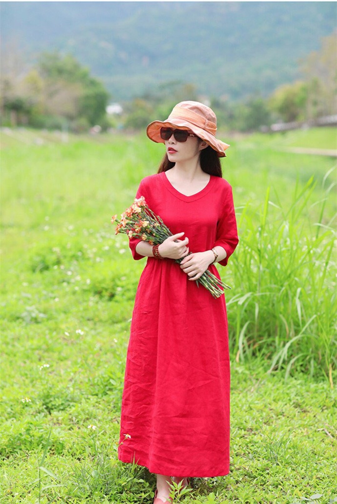 Women Linen Dress, Linen Midi Dress, Half Sleeves Linen Tunic Shift ...
