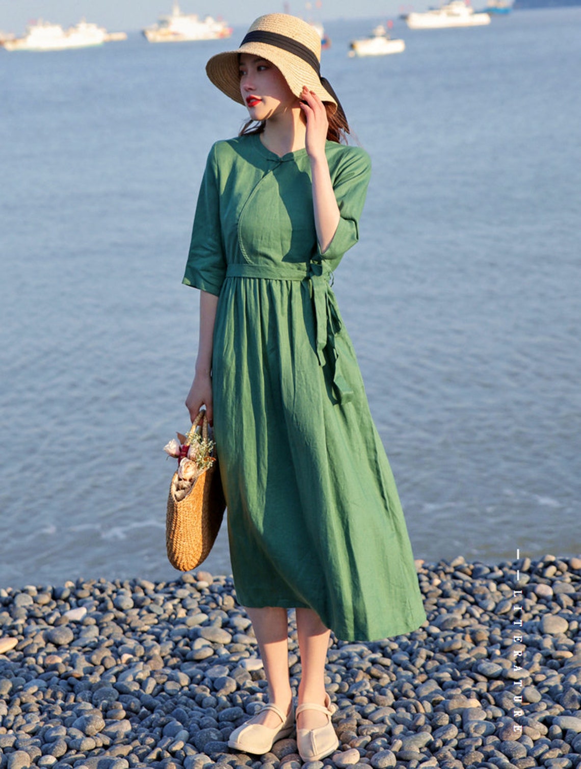 Women Linen Dress Linen Midi Dress With Belt Loose Tunic - Etsy