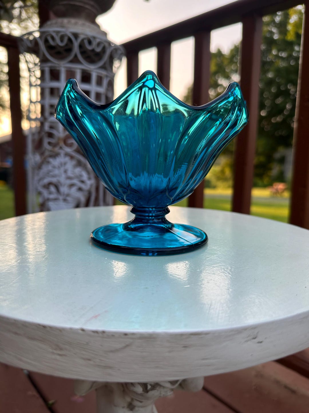 Vintage Blenko Blue Scalloped Pressed Flower Glass Footed Candy Dish 4 ...