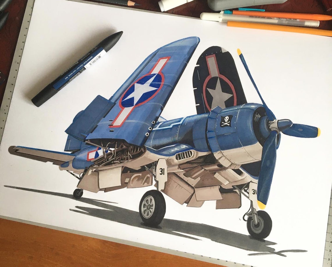 F4U Corsair Handmade Aviation Illustration Airplane Poster - Etsy
