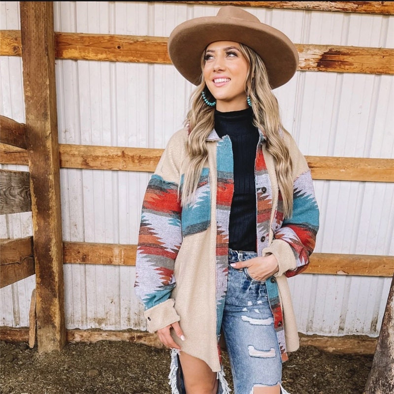 Aztec Tribal Hippies Native Print Shacket Shirt Jacket, Western ...