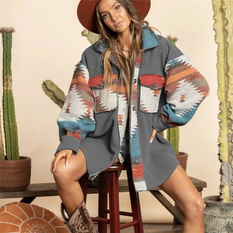 Aztec Tribal Hippies Native Print Shacket Shirt Jacket, Western ...