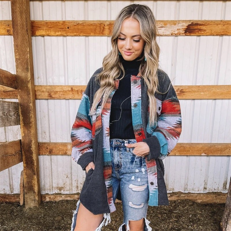Aztec Tribal Hippies Native Print Shacket Shirt Jacket, Western ...