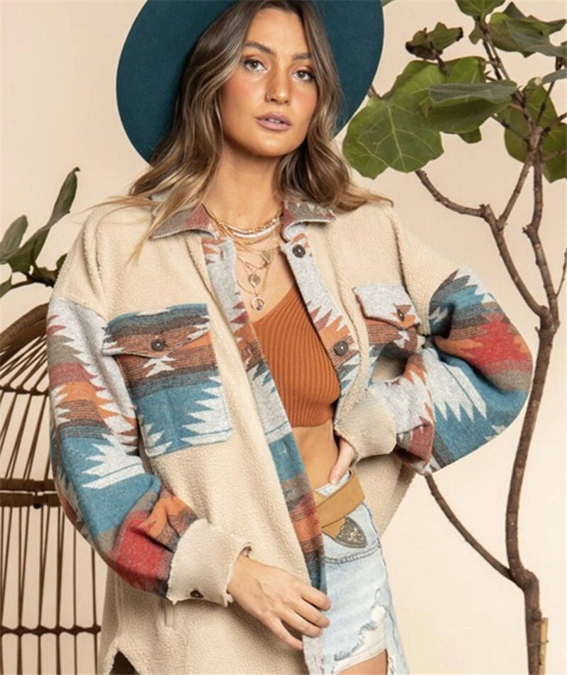 Aztec Tribal Hippies Native Print Shacket Shirt Jacket, Western ...