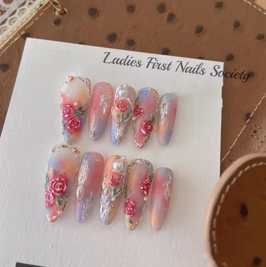 Flower Fake Nails,mauve Rose,spring Nails,vintage Design,floral Nails ...
