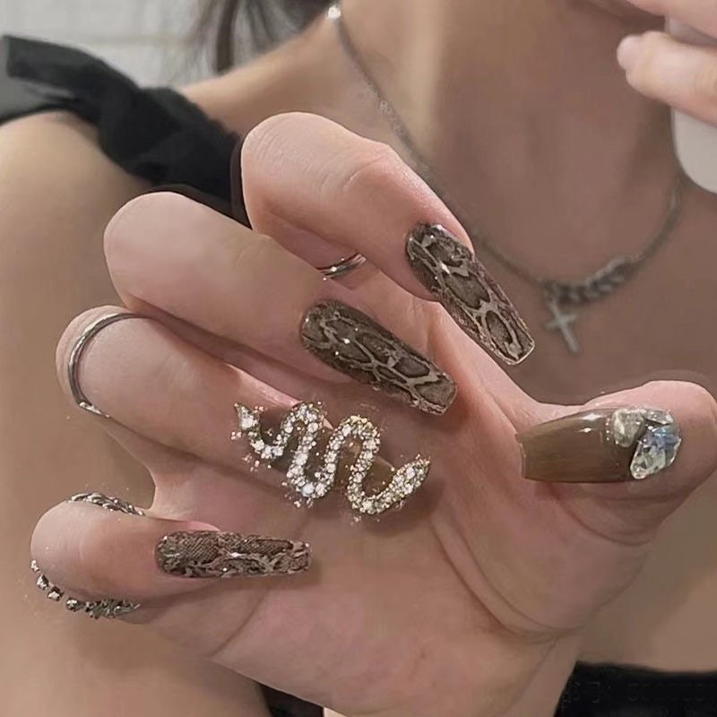 Snake Skin Print Press on Nailsblack Fake Nailsanimals Fake | Etsy