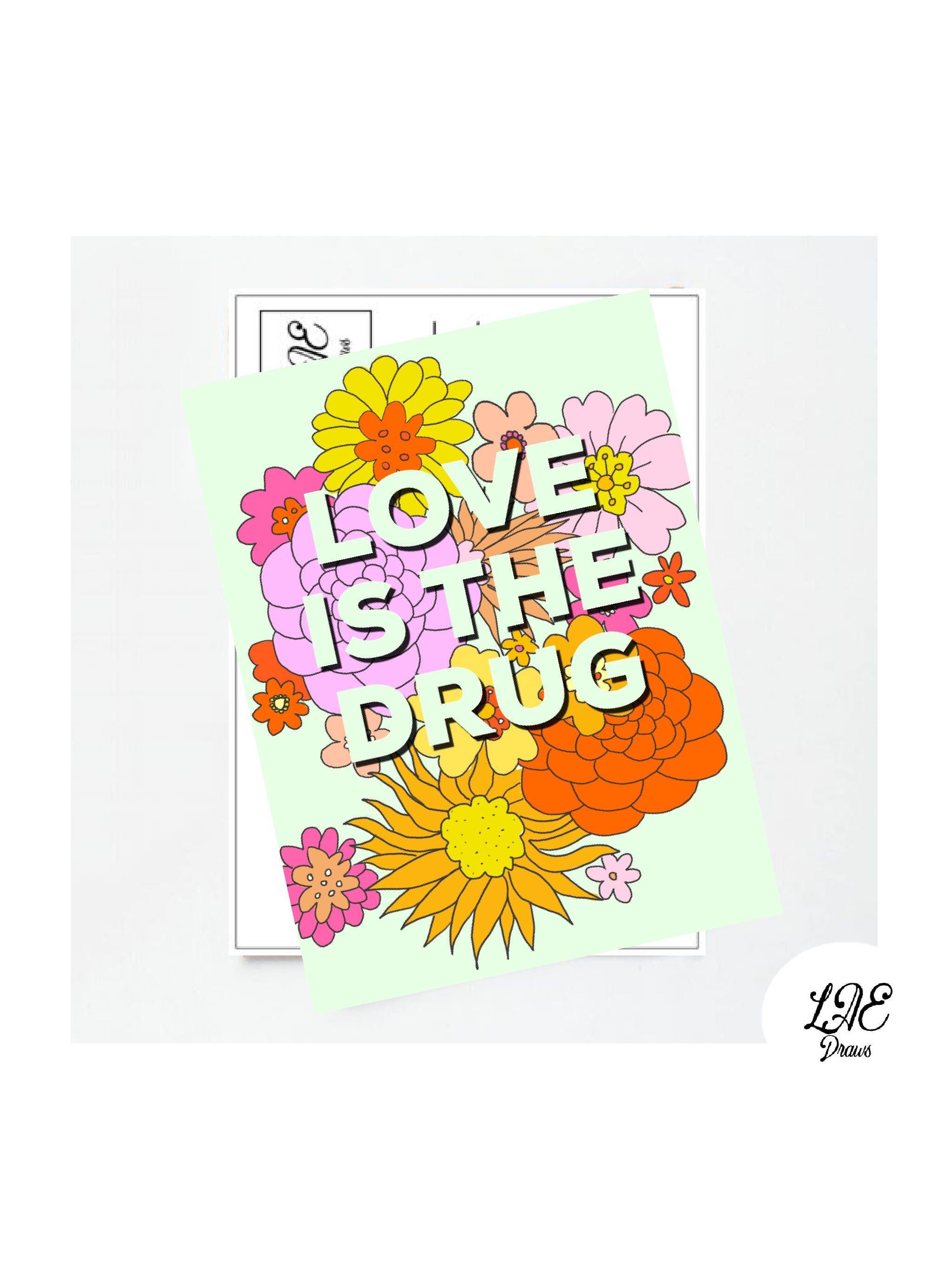 LOVE DRUG Mini Art Print Illustration, A6 Note Card. Miss You. Sending ...