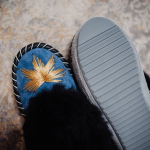 GOLDEN STAR Blue Sheepskin Slippers With Rubber Sole, Natural Leather ...