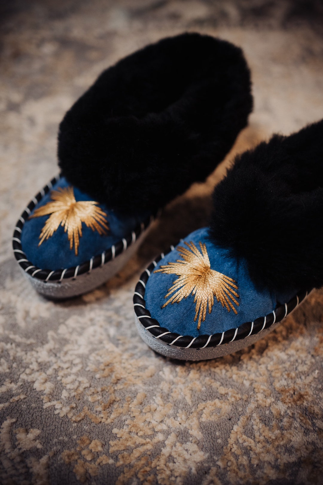 GOLDEN STAR Blue Sheepskin Slippers With Rubber Sole, Natural Leather ...